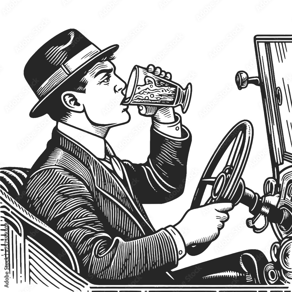 man in a bowler hat drinking alcohol while driving an old car sketch ...