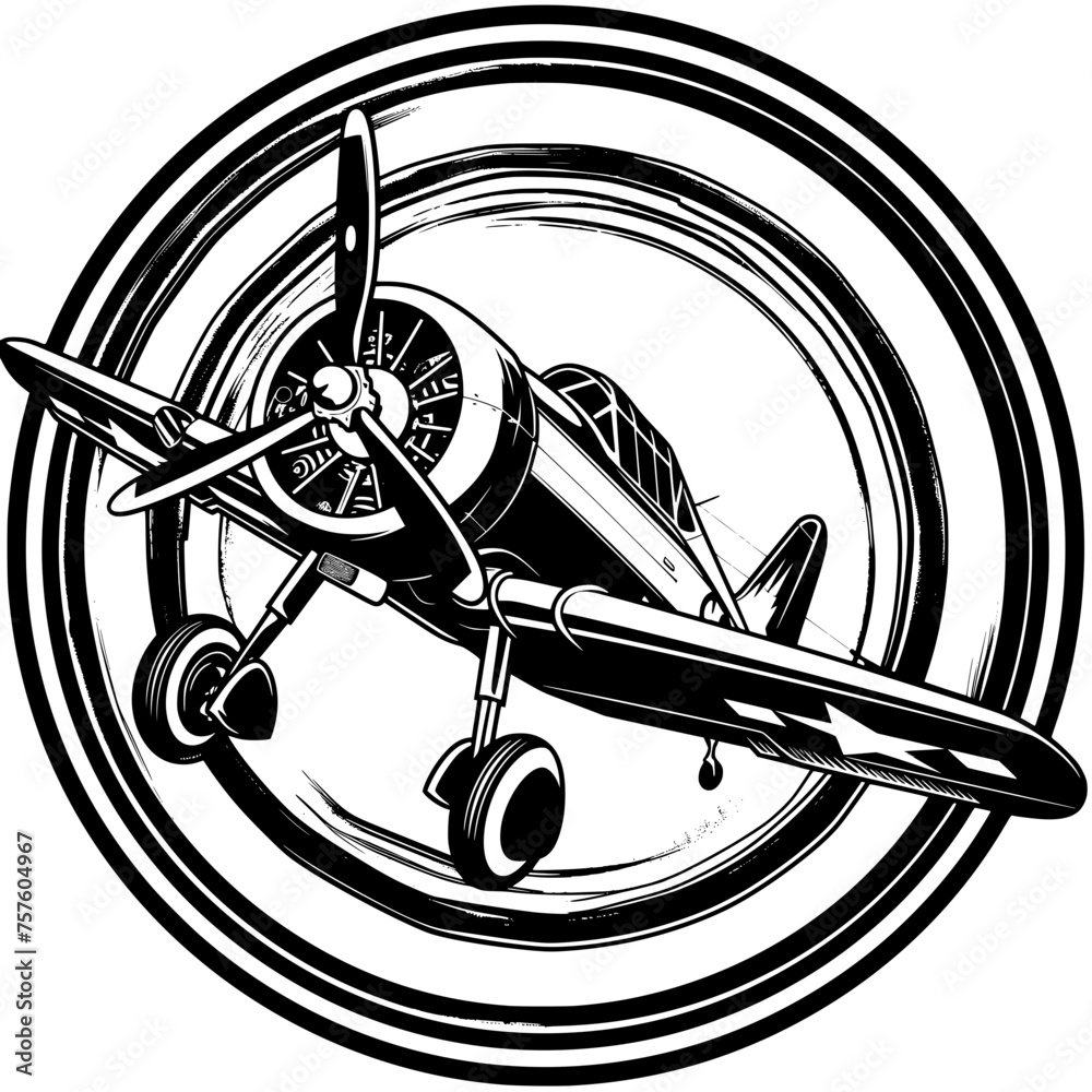 Black and white emblem featuring a vintage biplane encircled by bold ...