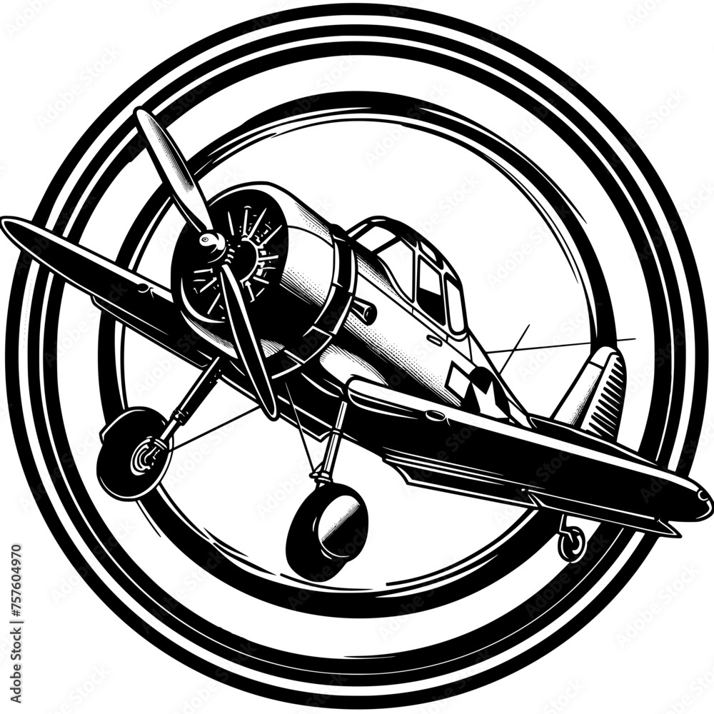 Black and white emblem featuring a vintage biplane encircled by bold ...