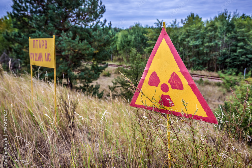 Radiation warning sign in so called Red Forest area in Chernobyl ...