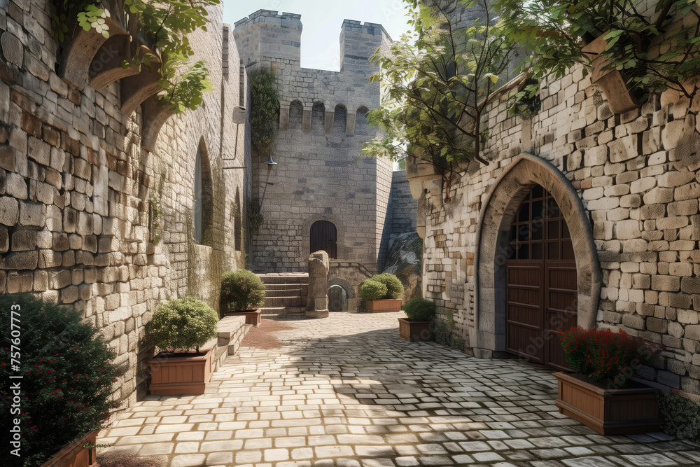 The enchanting medieval castle courtyard with cobblestone path ...