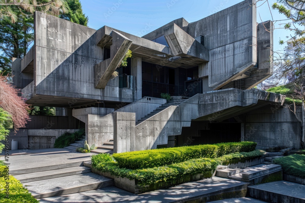 A concrete structure with bold geometric forms showcasing raw materials ...