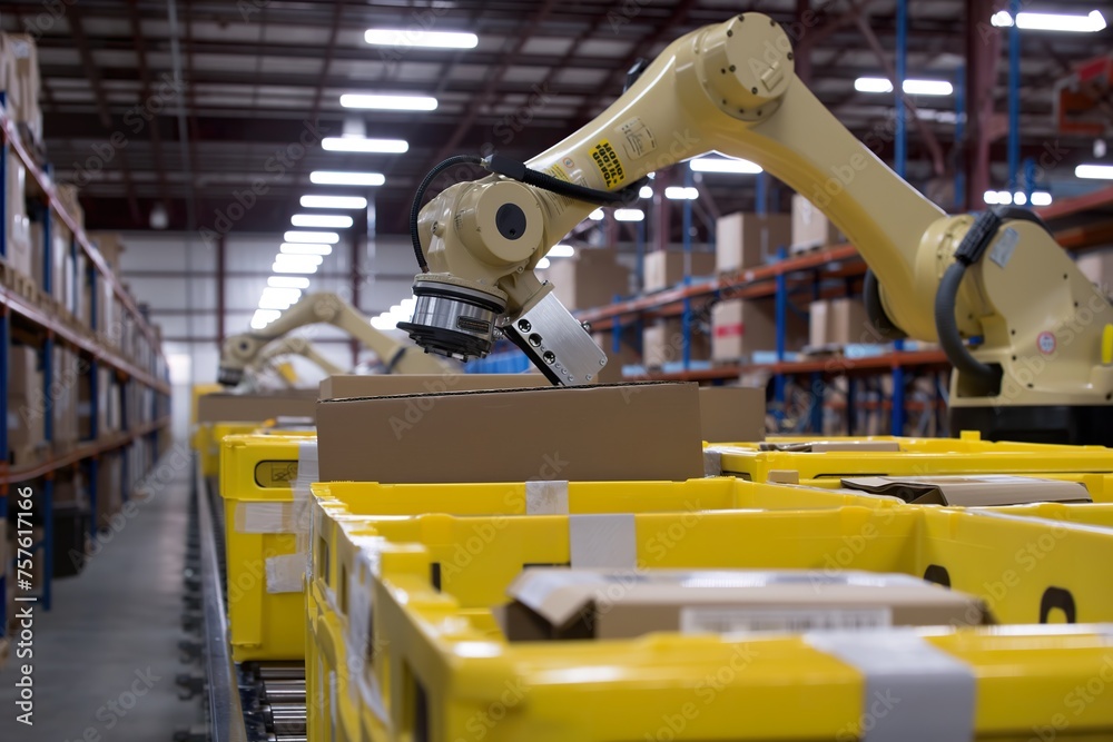 Industrial robotic arms in gray maneuvering and relocating boxes in a ...
