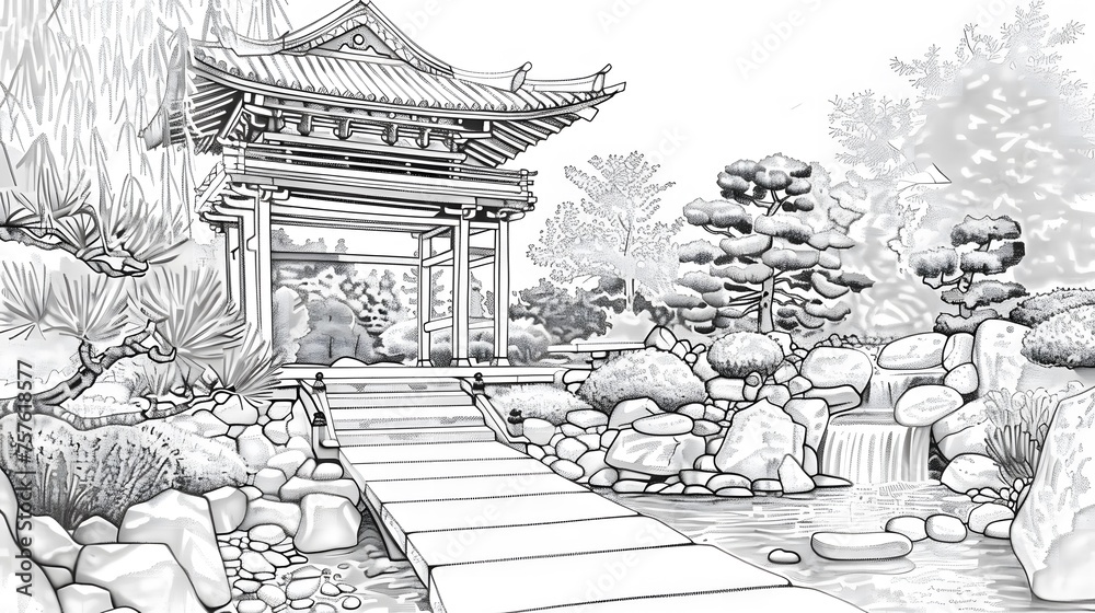 Japanese zen Garden Coloring Page in black and white Stock Illustration ...