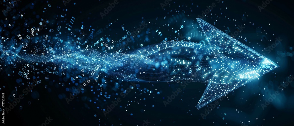 digital arrow pointing right shaped by vibrant blue matrix binary code ...