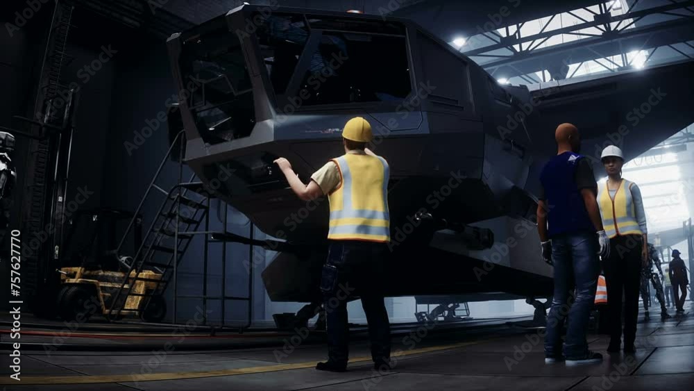 Production of military futuristic ship at the factory. Future concept ...