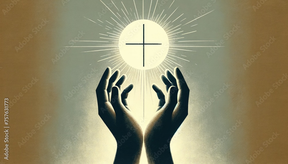 Hands of Jesus Christ on a background of the cross and the sun. Digital ...