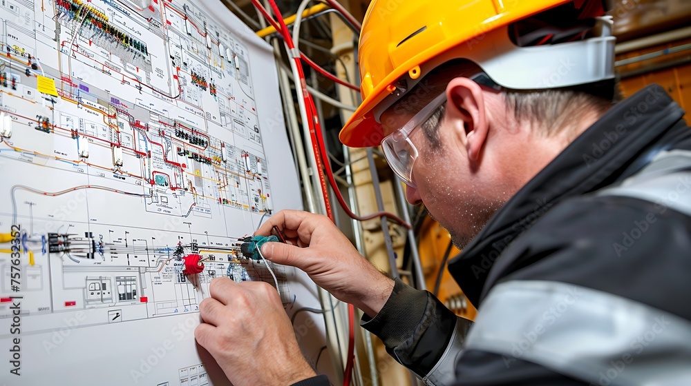 An Electrician Reading and interpreting blueprints, technical diagrams ...