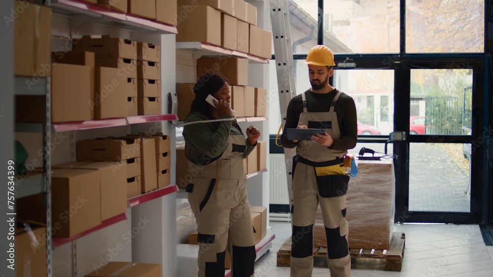 Chief logistics officer and employee preparing warehouse orders for ...