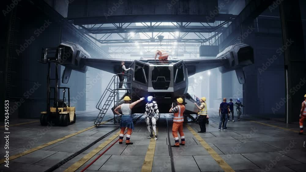 Production of military futuristic ship at the factory. Future concept ...