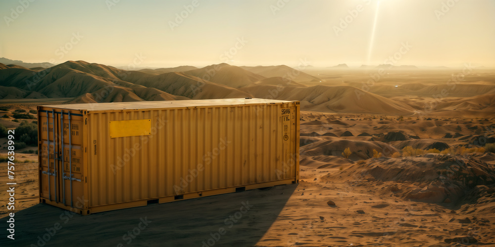 lone yellow shipping container sits in the middle of a desert. The sun ...