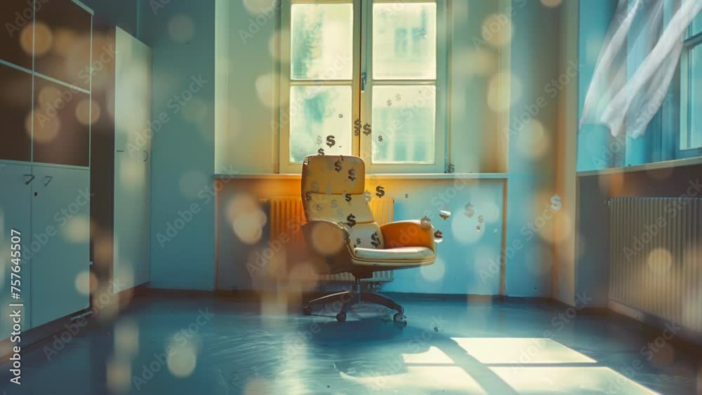 An empty work chair with sparkling dollar sign in a office room ...