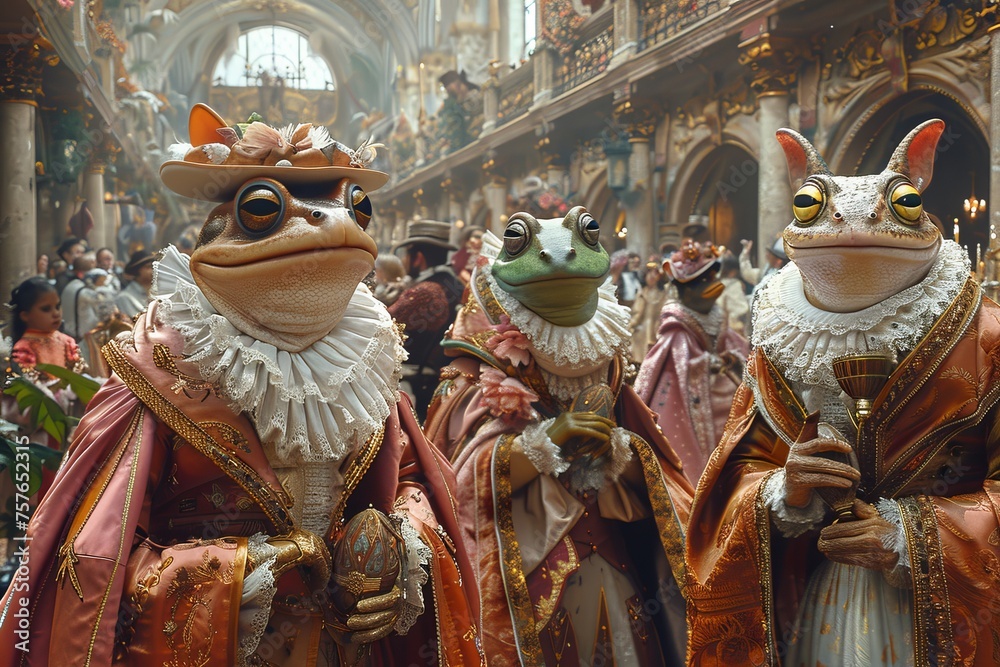 Foto de A grand pet masquerade ball in an enchanted castle, with ...