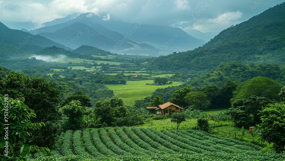 Dynamic agroforestry landscape, integrating trees, crops, and livestock ...