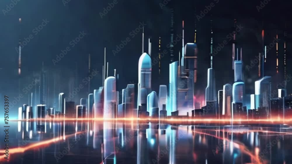Abstract hologram 3D city rendering with futuristic matrix. Digital ...