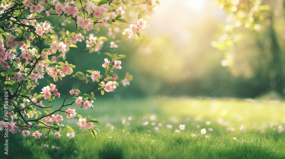 Soft light spring background with blossoming branch of sakura and green ...