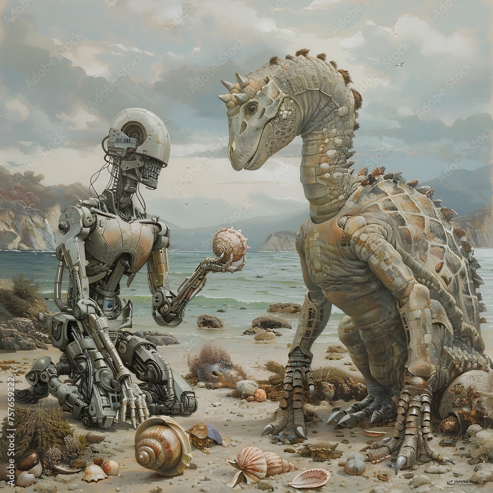 Robot and Dinosaur Sharing a Moment on the Beach with Shells, To convey ...