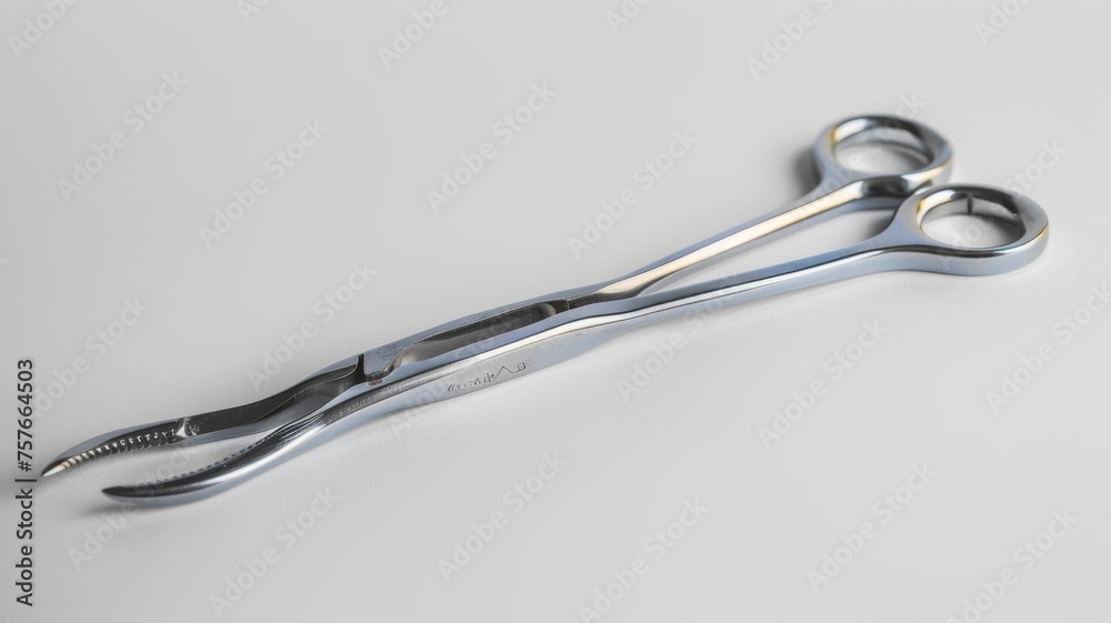 Surgical steel hemostat clamp isolated - This image shows a surgical ...