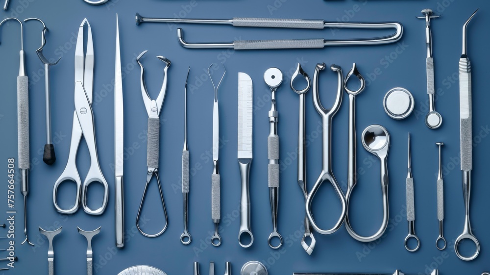 Surgical instruments organized on a blue background - An intricately ...