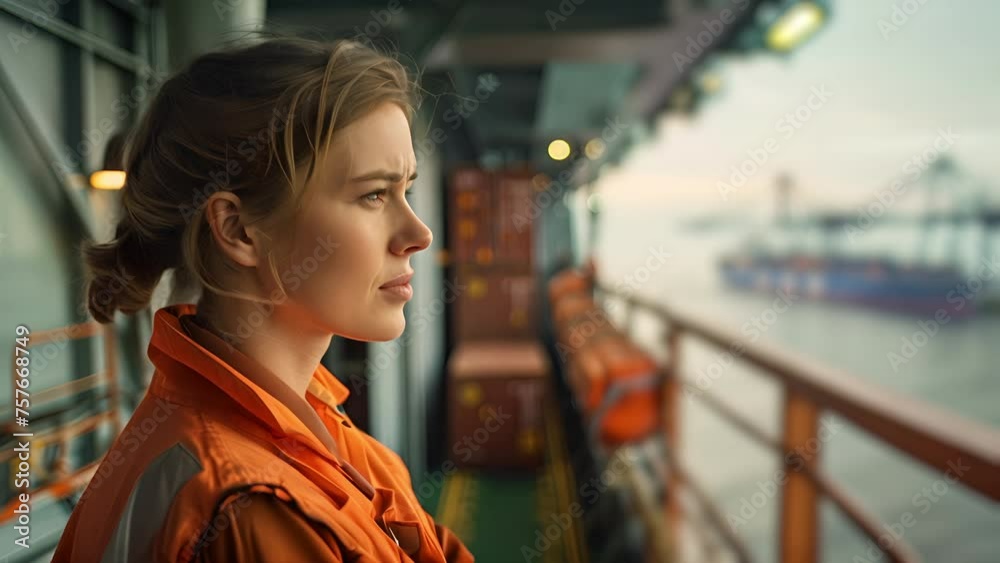 Young Caucasian woman looking out at the sea from the deck of a ...