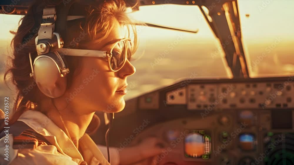 Female Caucasian pilot in aviator sunglasses in the cockpit of a ...