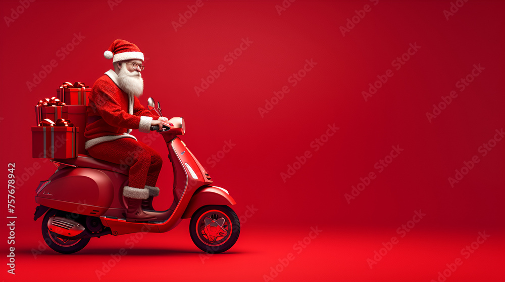 Santa Claus speeding on a red scooter with gifts on a red background ...