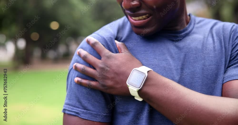 Outdoor, shoulder pain and man with fitness, injury and workout with ...