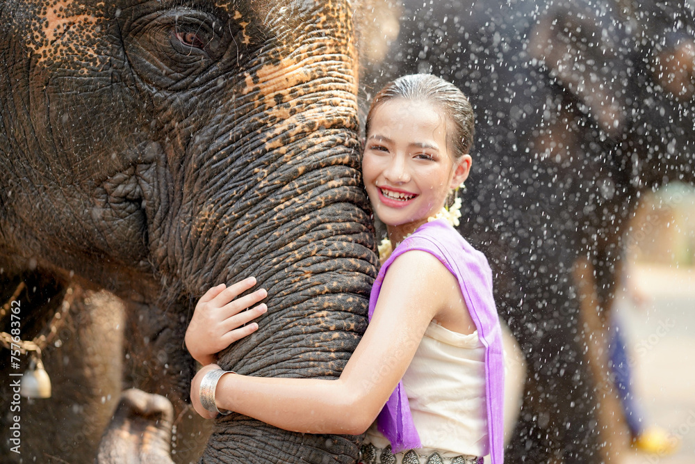 Beautiful rural Thai girl wear Thai northern traditional dress hug ...