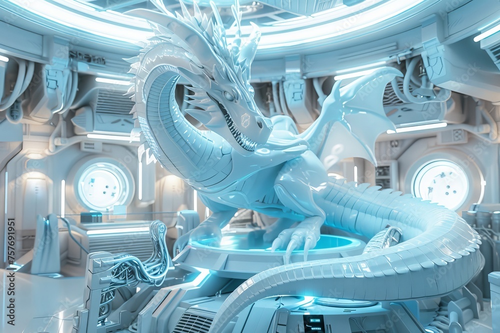 Design a 3D scene involving a beautiful, silver-scaled dragon ...