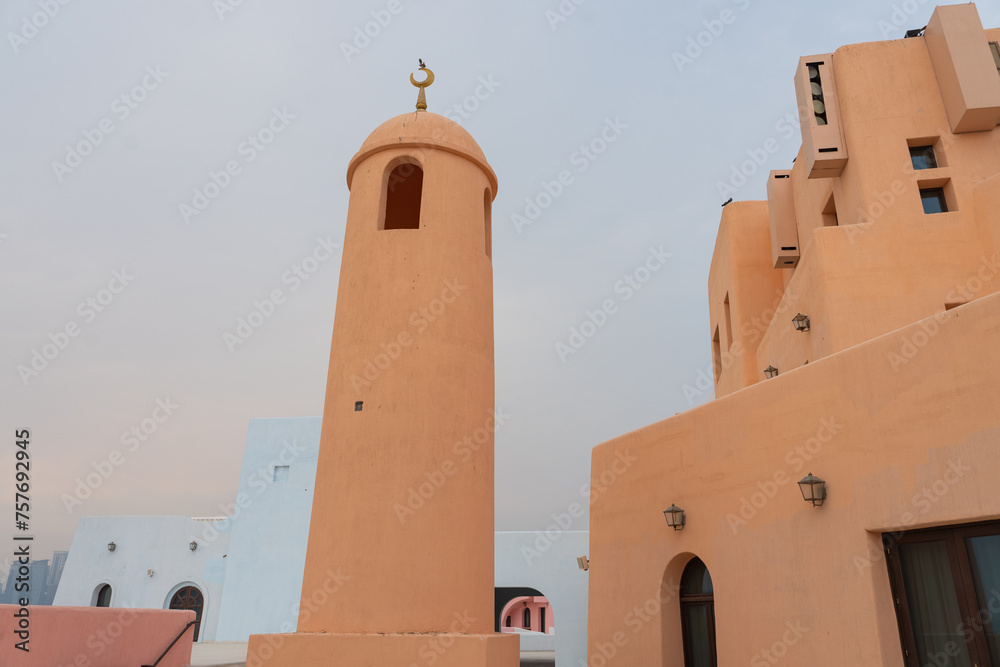 Colorful Streets and Mosque Photo, Mina District Corniche, Doha Marina ...