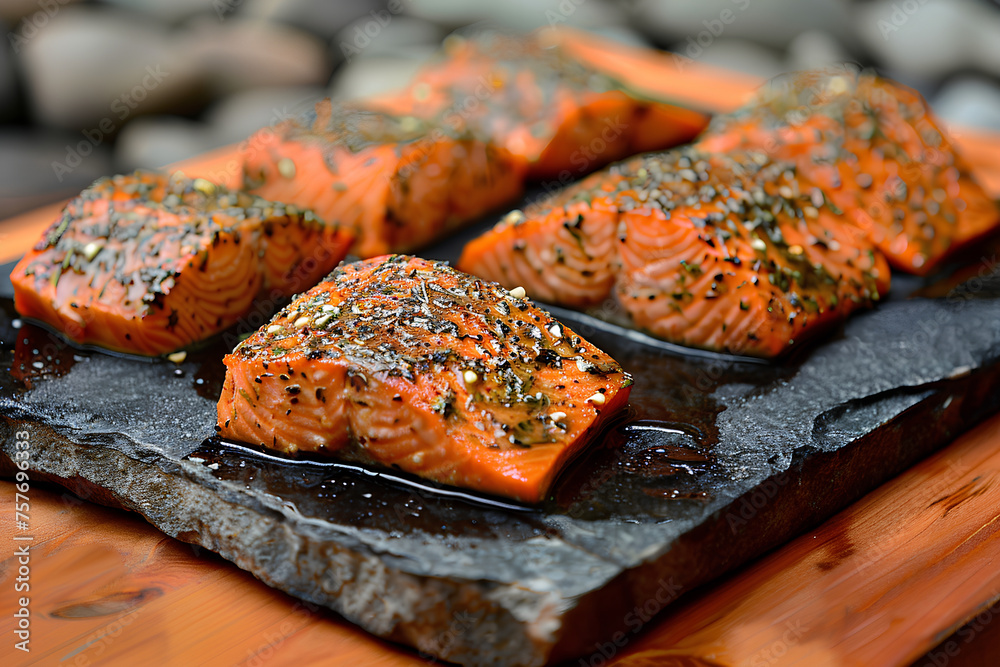 Herb-coated Copper River sockeye salmon fillets seasoned and resting ...