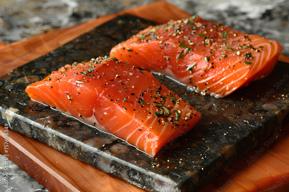 Herb-coated Copper River sockeye salmon fillets seasoned and resting ...