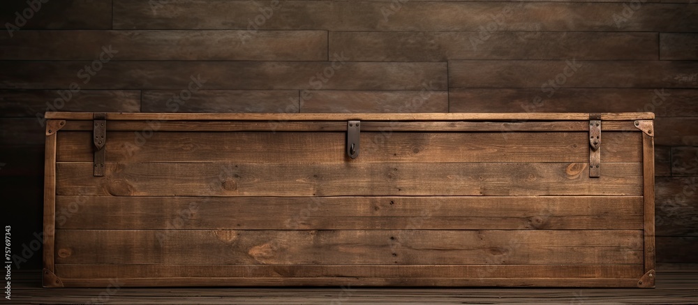 A brown hardwood plank box, made of lumber and plywood, is placed in ...