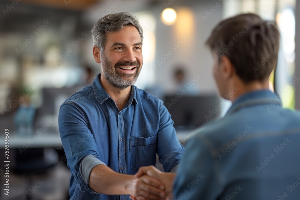 Mature man with salt and pepper hair happily shaking hands in an office ...