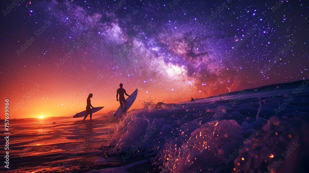 Surfers catching waves at dawn on a beach where the sand transitions ...