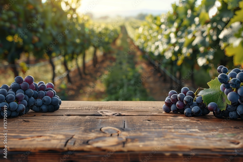 Rich grape clusters on a wooden surface foreground with a vibrant ...