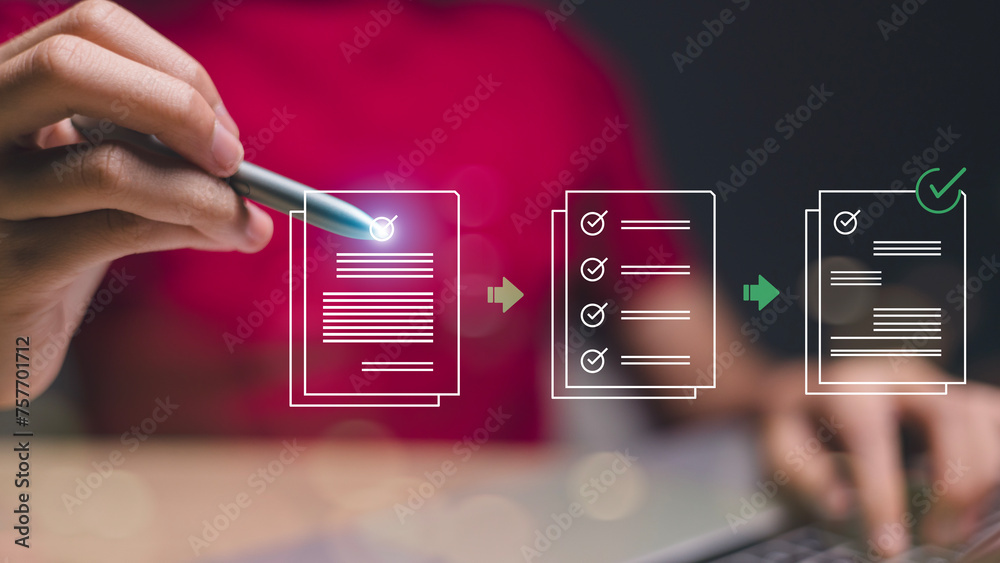 Women tick correct sign marks on virtual screen documents for online ...