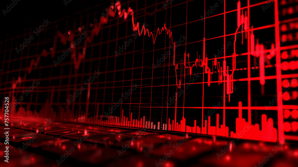 a red stock market or financial chart with a sharp decline, indicating ...