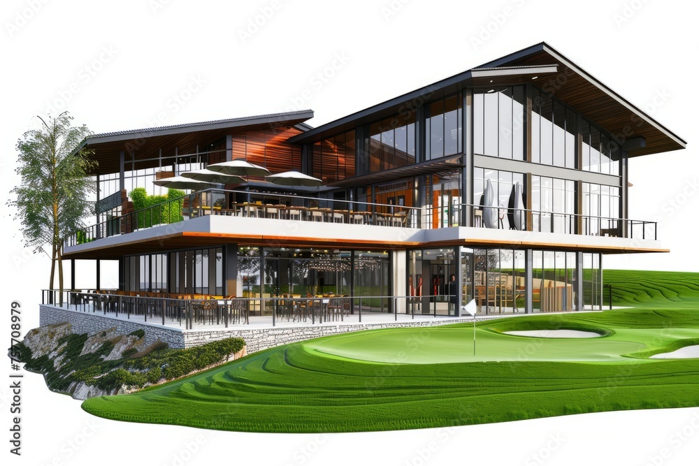 3D Render of a golf course clubhouse with a pro shop and outdoor ...