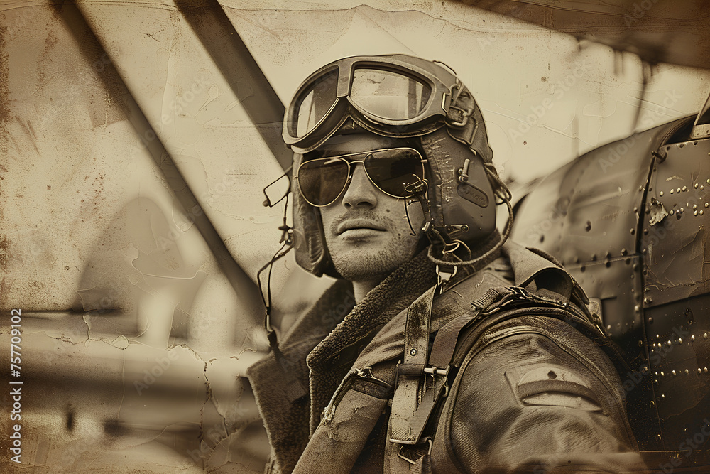 A vintage airplane setting with a pilot adorned in an old-fashioned ...