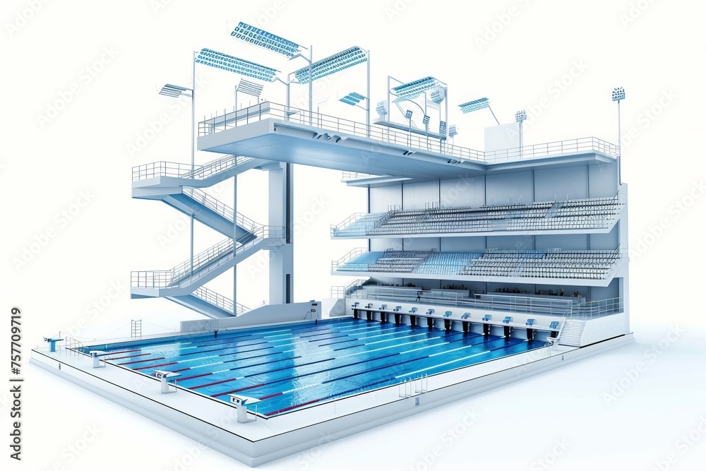3D Render of an Olympic swimming pool complex with diving platforms and ...