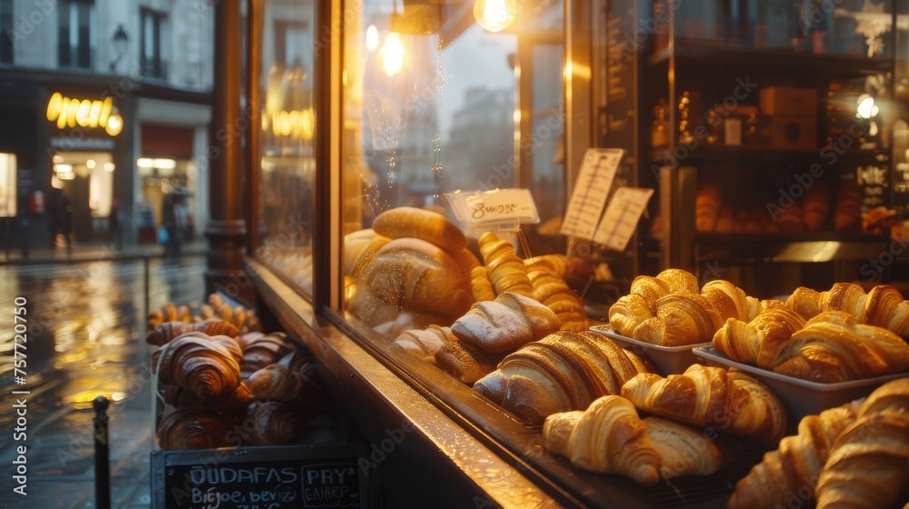 The evening glow reflects on the window of a local bakery, illuminating ...