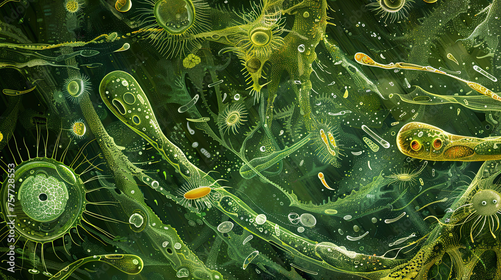 Microscopic realm of a freshwater pond, vividly capturing the dynamic ...