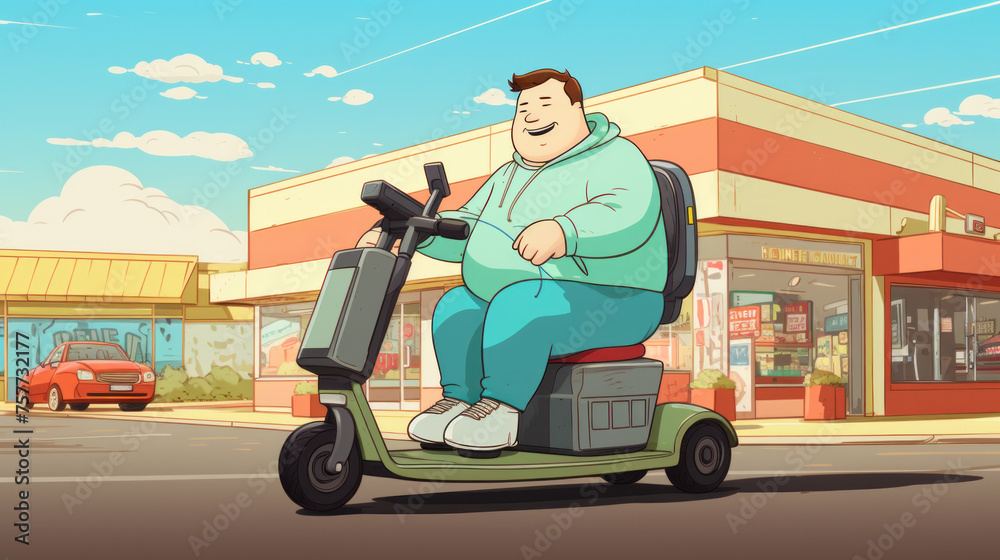 Overweight woman ride on motorised scooter from the grocery store ...