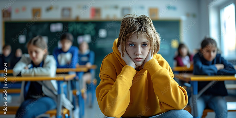 Photo & Art Print Groupmates bullying at sad girl with short hair in ...