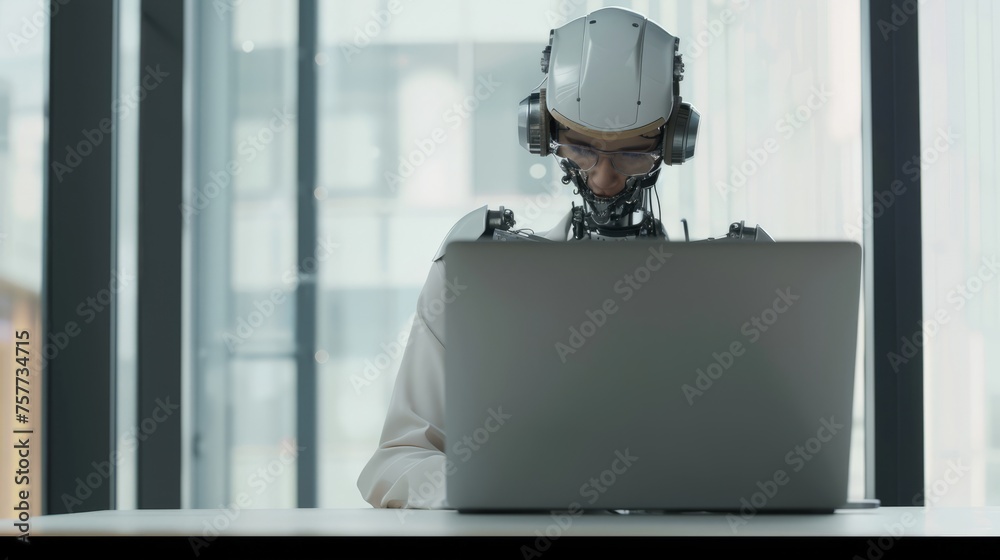 The AI robot sits at a desk, typing on a laptop. The robot appears to ...
