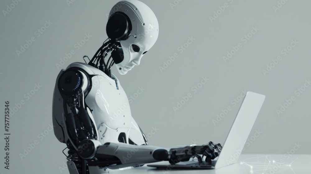 The AI robot sits at a desk, typing on a laptop. The robot appears to ...