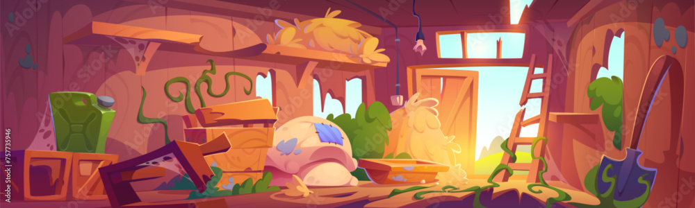 Abandoned destroyed farm barn inside with broken gardening tools, walls ...