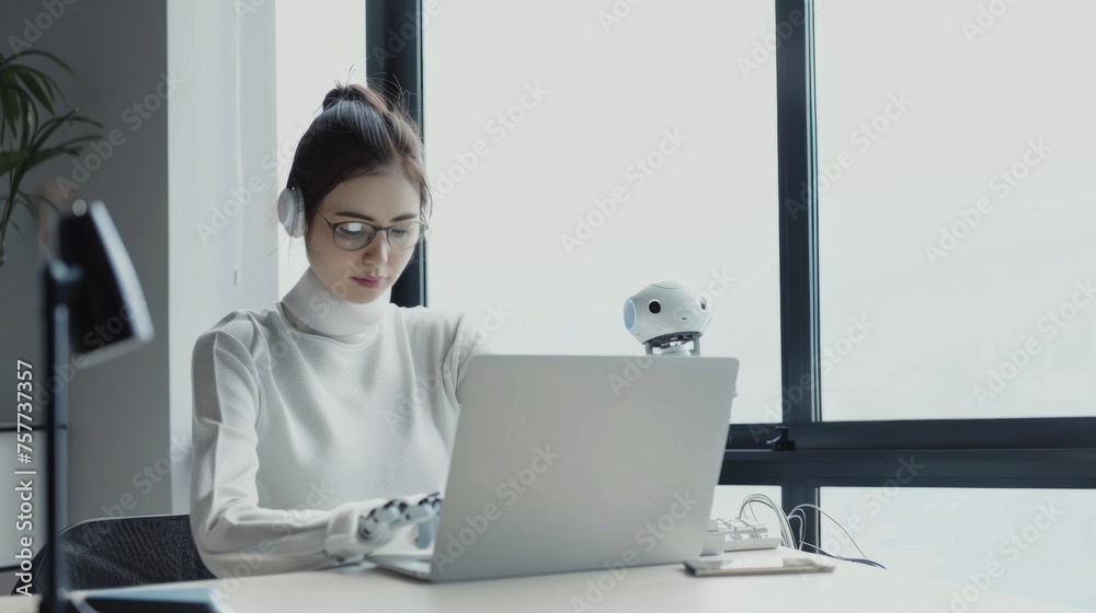 The AI robot sits at a desk, typing on a laptop on a white background ...