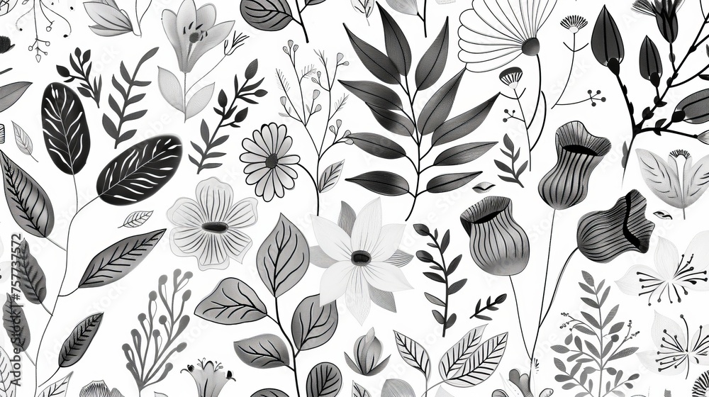 The abstract nature pattern is composed of plants and flowers. It can ...